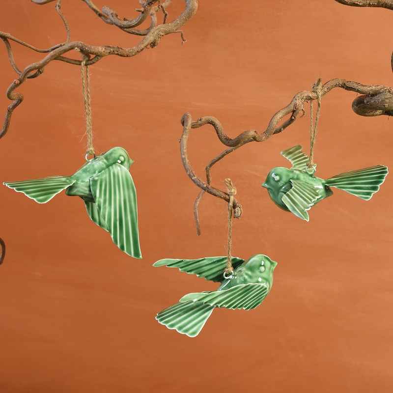 Tilda Ceramic Hanging Birds, Set of 3 - Green