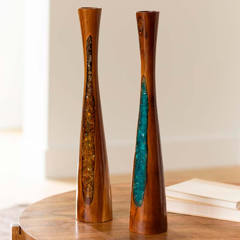 Glass Infused Teak Candle Holder, Short - Gold