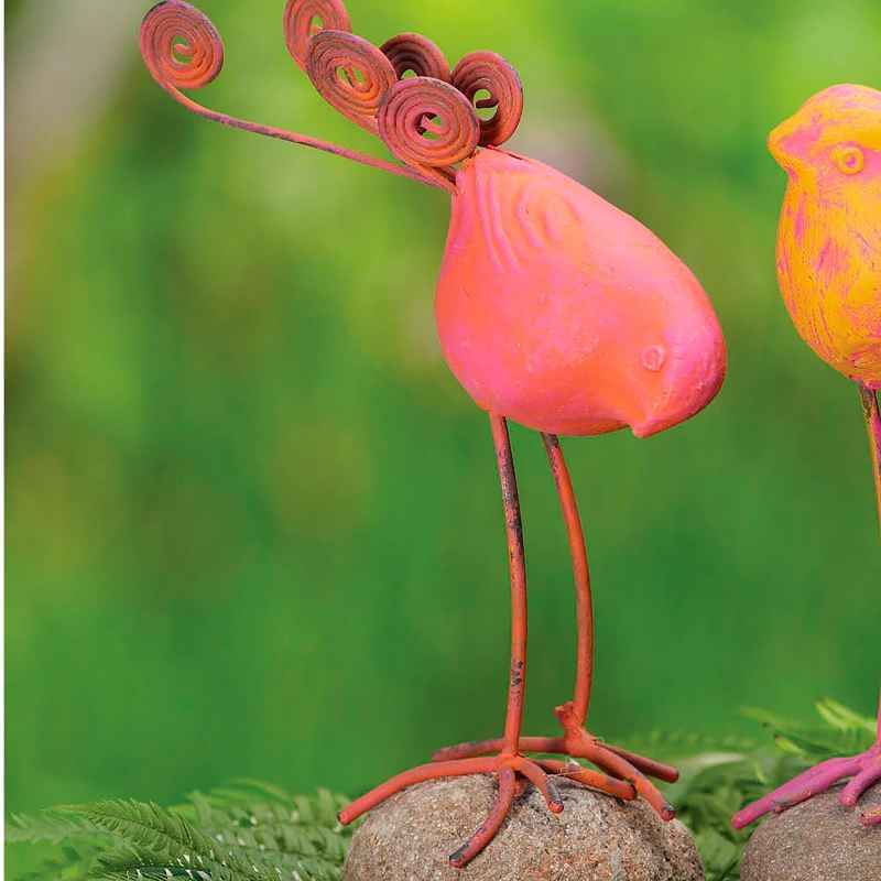 Terracotta Bird on Stone Figurine - Pink