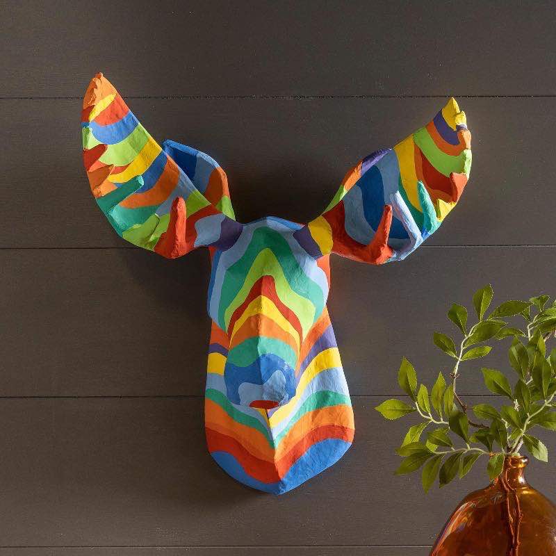 Handcrafted Haitian Artisan Paper Mache Moose Wall Art - Rainbow