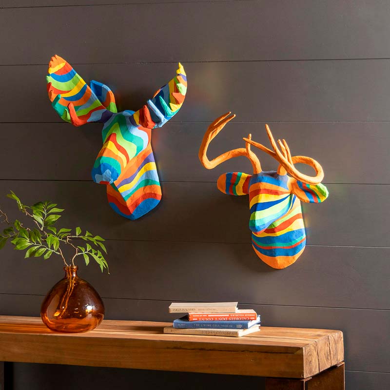 Handcrafted Haitian Artisan Paper Mache Deer Wall Art - Rainbow